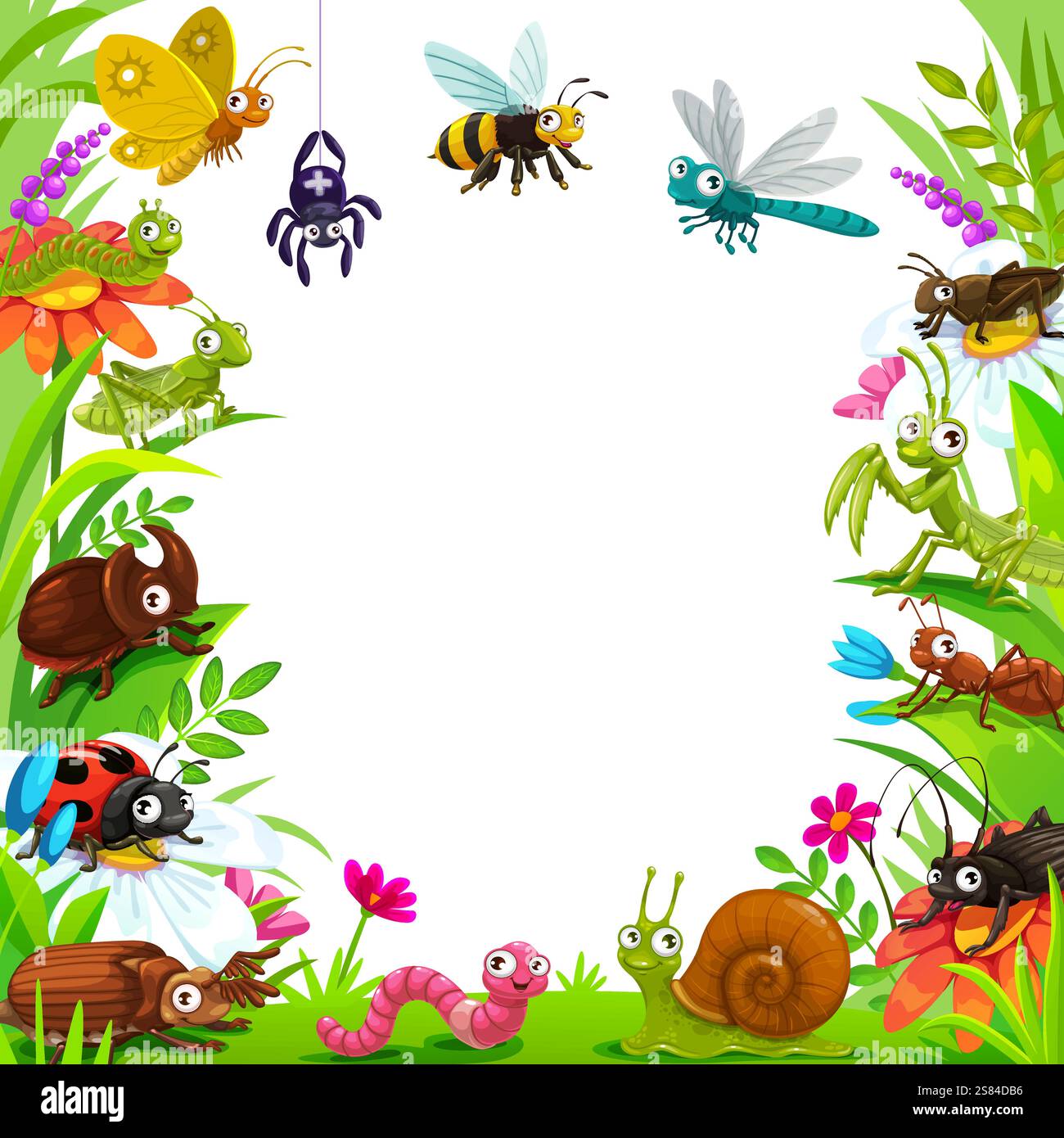 Cartoon funny insects in frame banner with forest grass and flowers ...