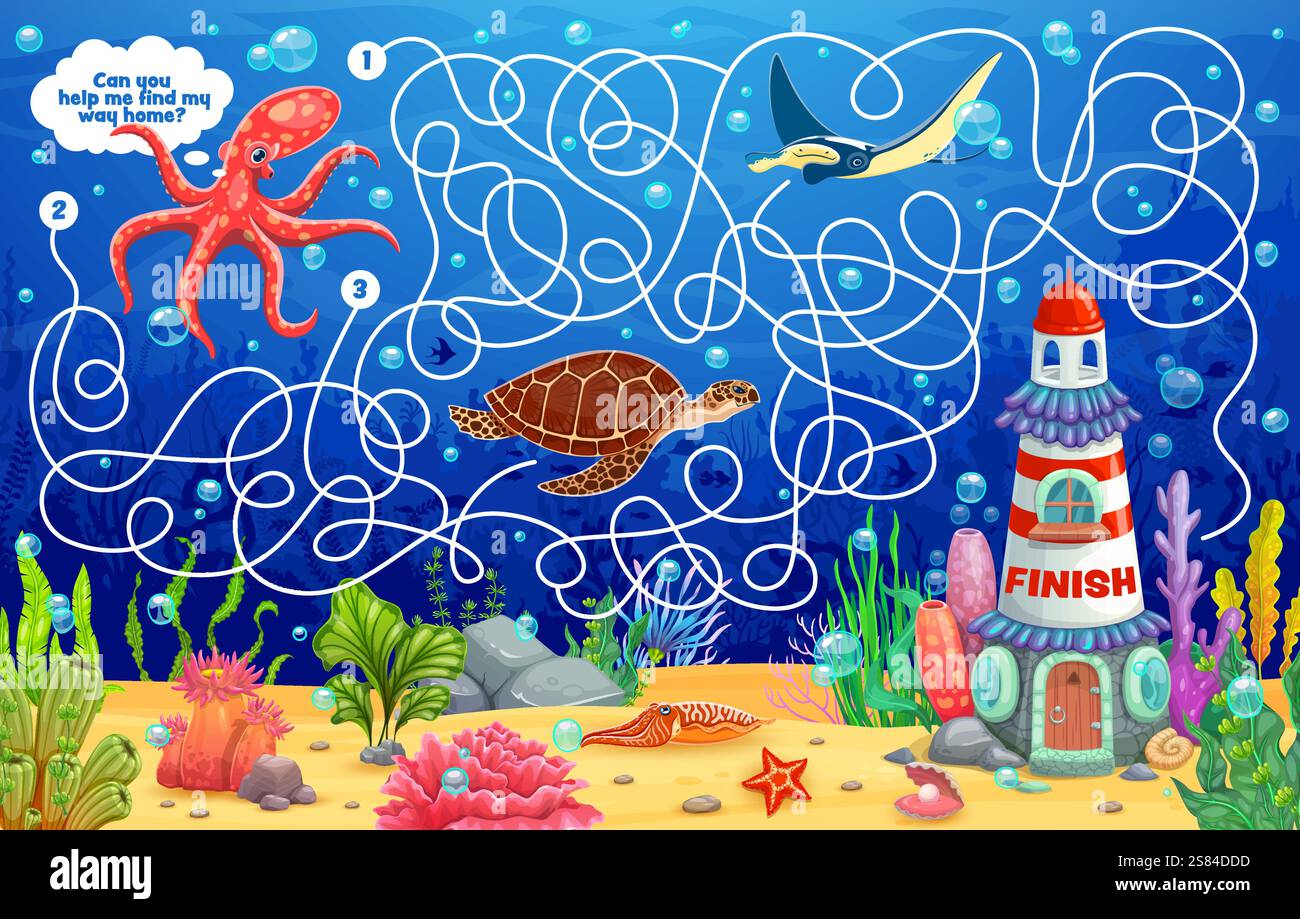 Kids labyrinth maze game, help to octopus to find his house. Find way ...