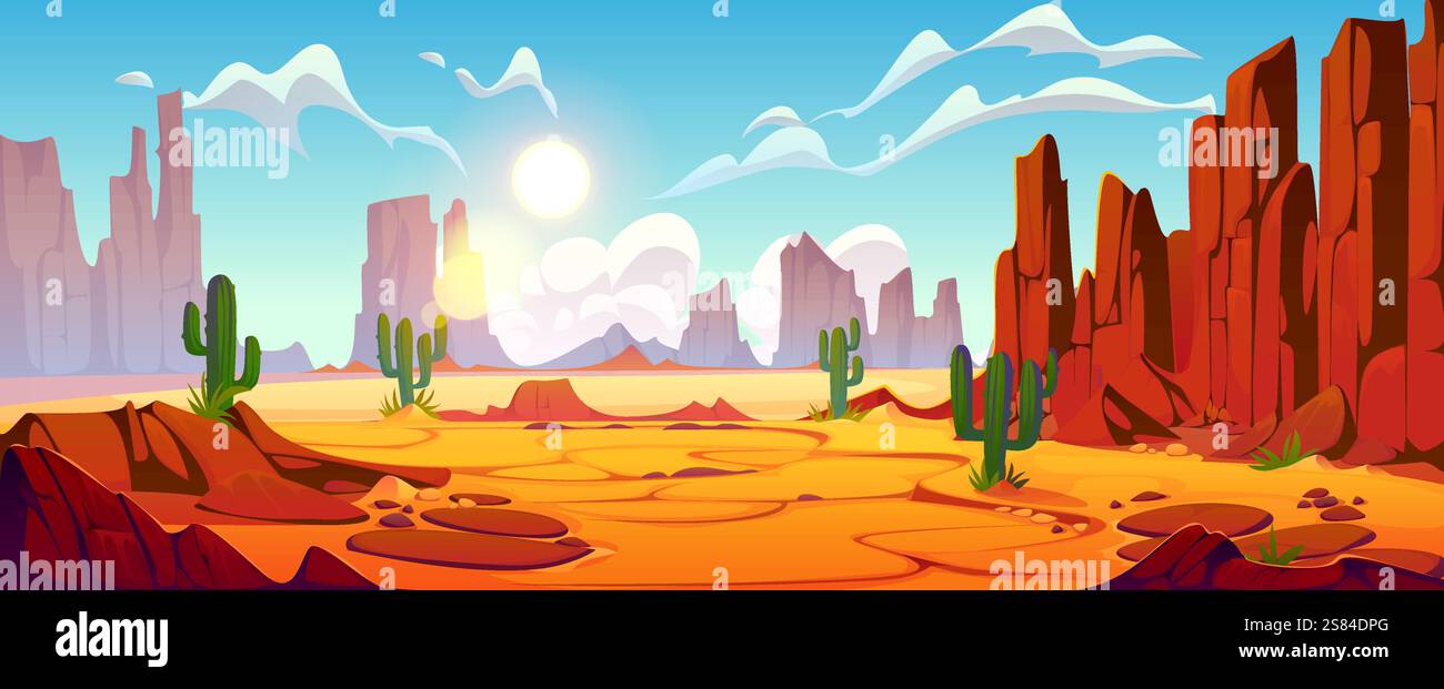 Cartoon desert mountains landscape. Vector vast land game background ...