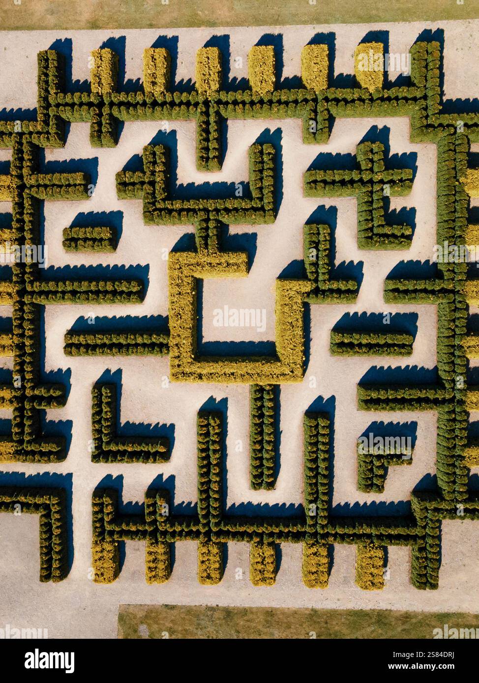 Aerial perspective of a hedge maze with symmetrical patterns, light ...