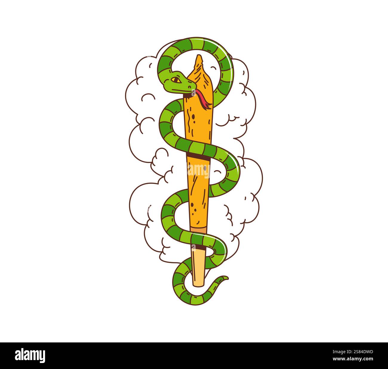 Retro hippie groovy snake on stick or Caduceus symbol, vector cartoon ...