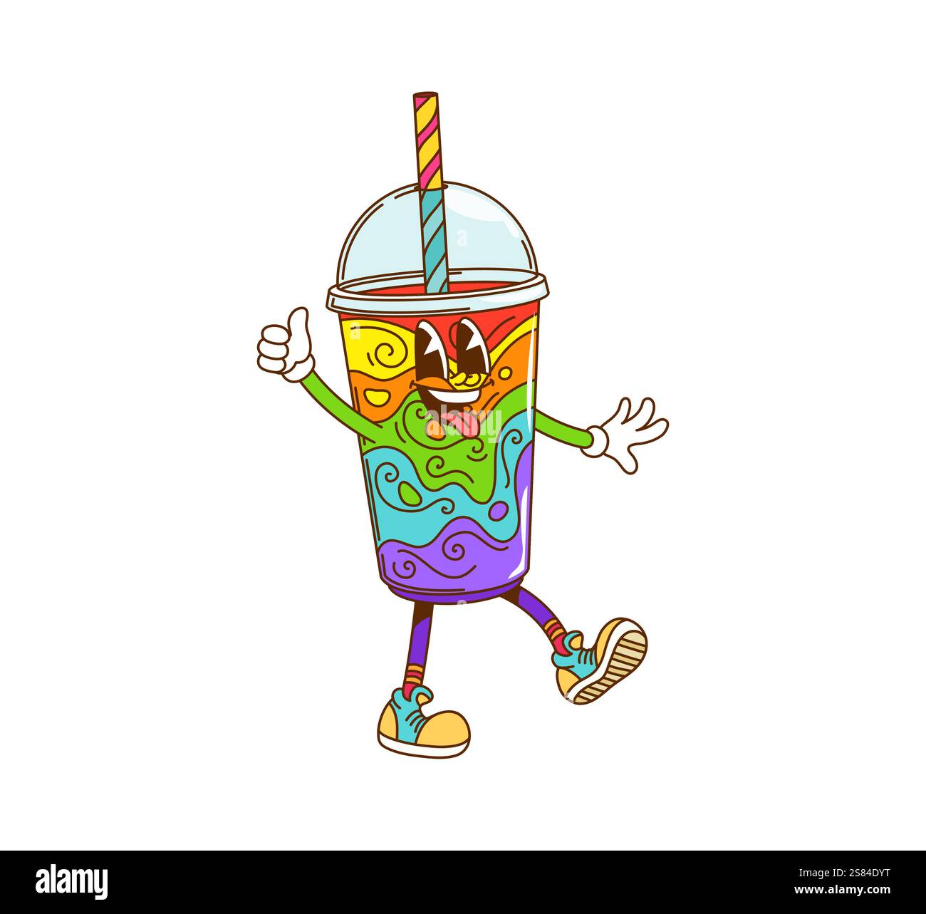 Retro cartoon groovy hippie slushy fast food drink with funny face ...
