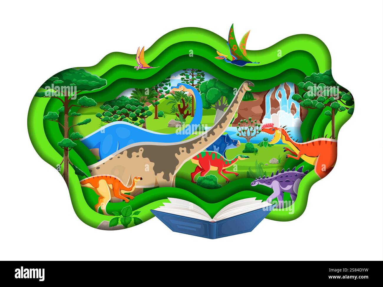 Opened book with paper cut prehistoric era landscape and dinosaur ...
