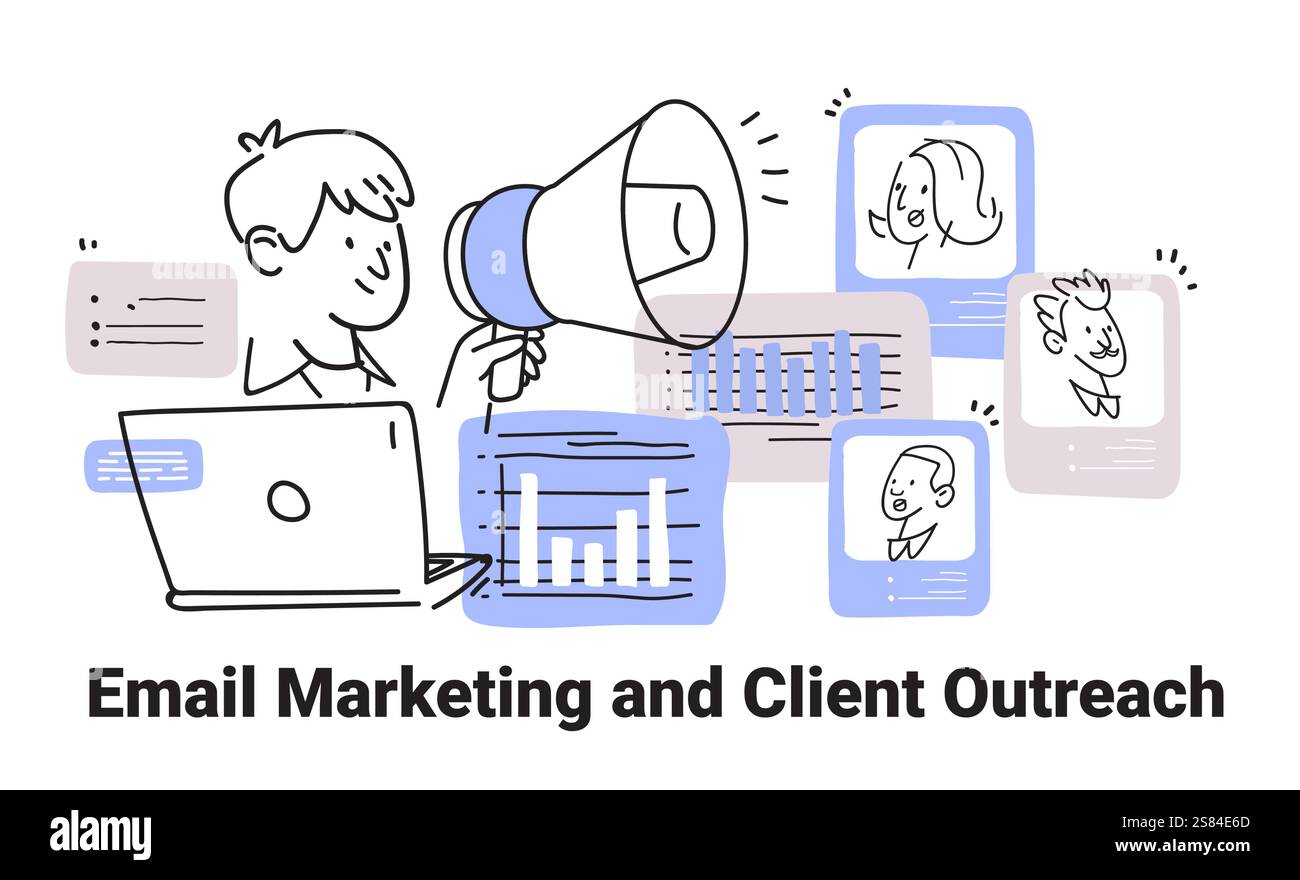 Email marketing concept with laptop megaphone charts and profile ...