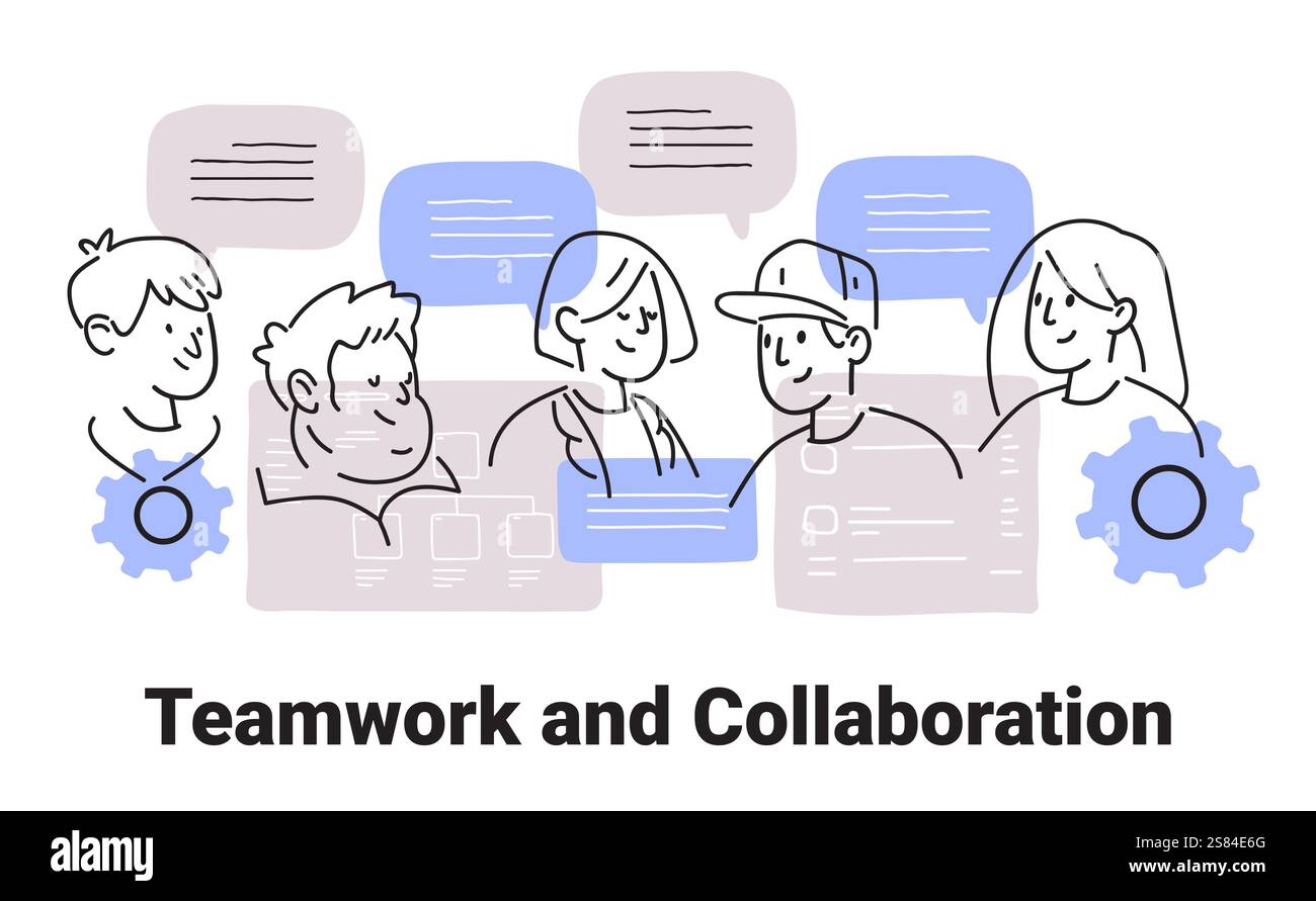 Teamwork and collaboration concept with diverse group discussing ideas speech bubbles gears in ...