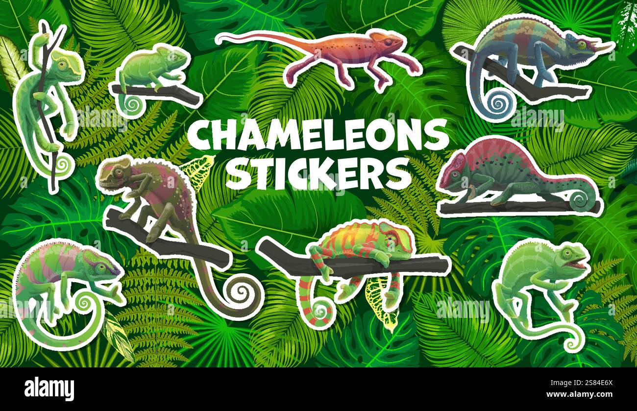 Cartoon chameleon lizards character stickers pack in jungle forest ...