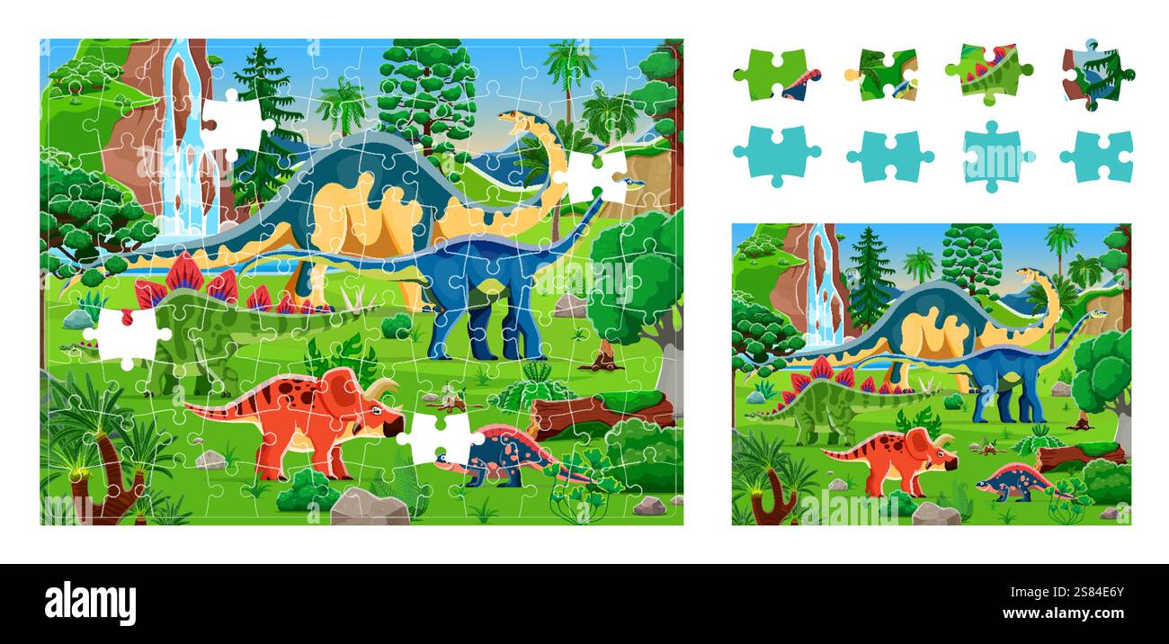 Prehistoric dinosaurs landscape jigsaw puzzle game pieces, vector ...