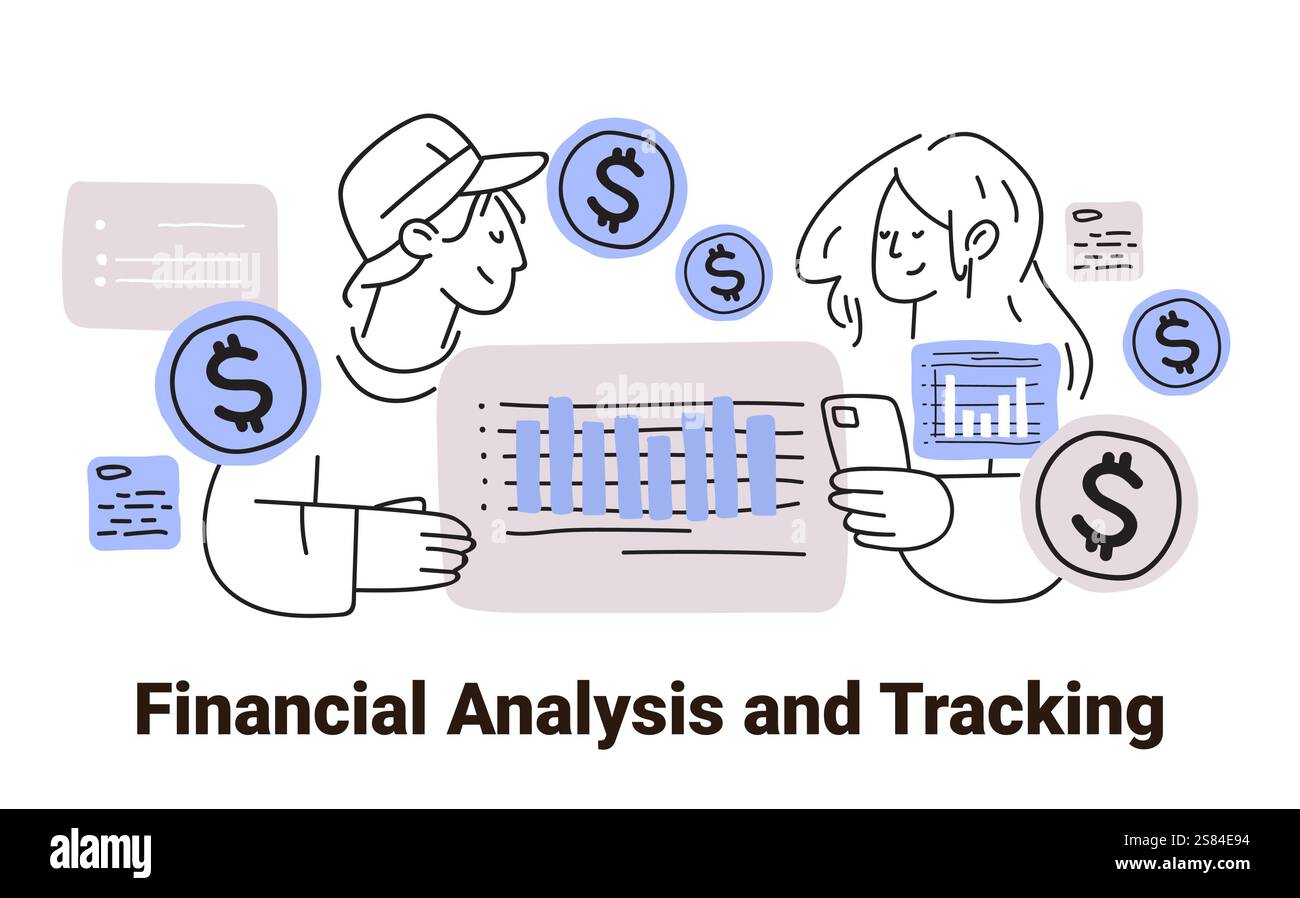 Financial analysis and tracking concept illustration featuring two ...