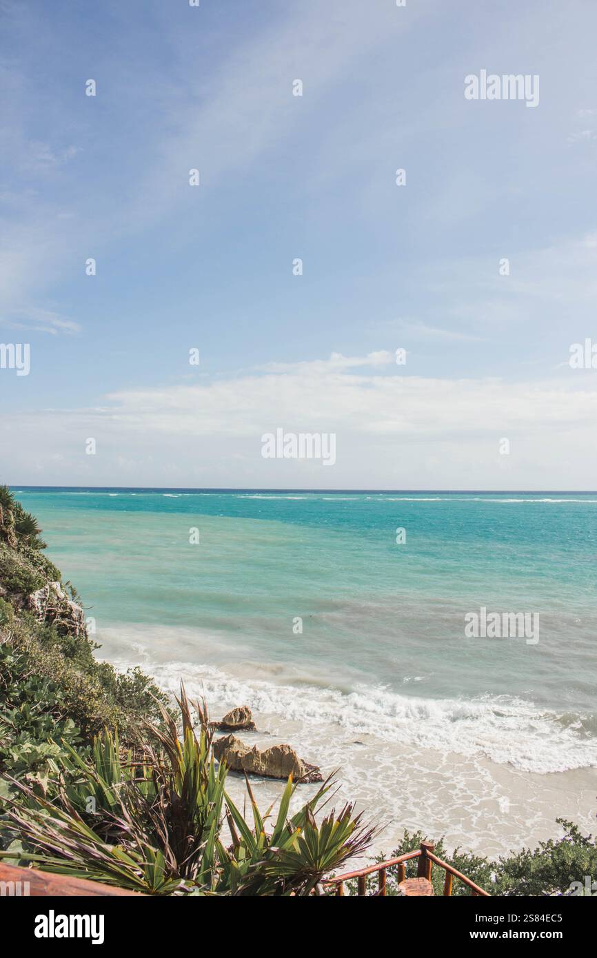 Tropical plants trail down a cliff toward the white sandy beach with ...