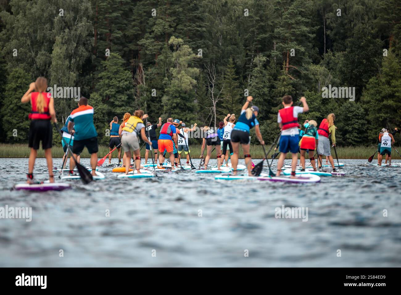 Participants paddleboard on a calm body of water, wearing colorful ...