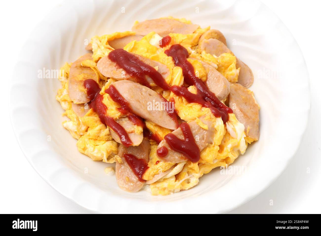 Fried fish meat sausage and eggs in a plate on white background Stock ...