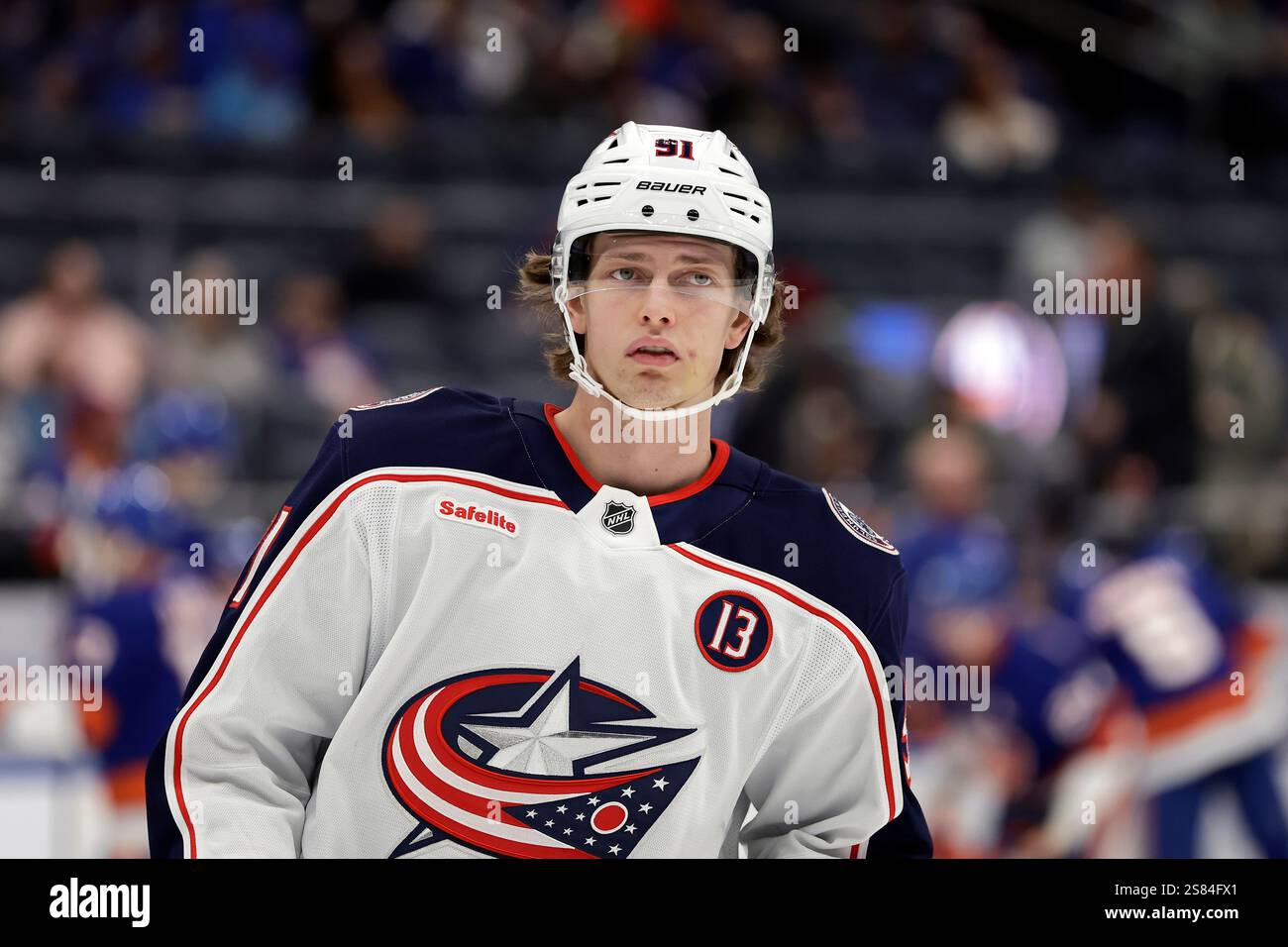 Columbus Blue Jackets center Kent Johnson (91) reacts in the second ...