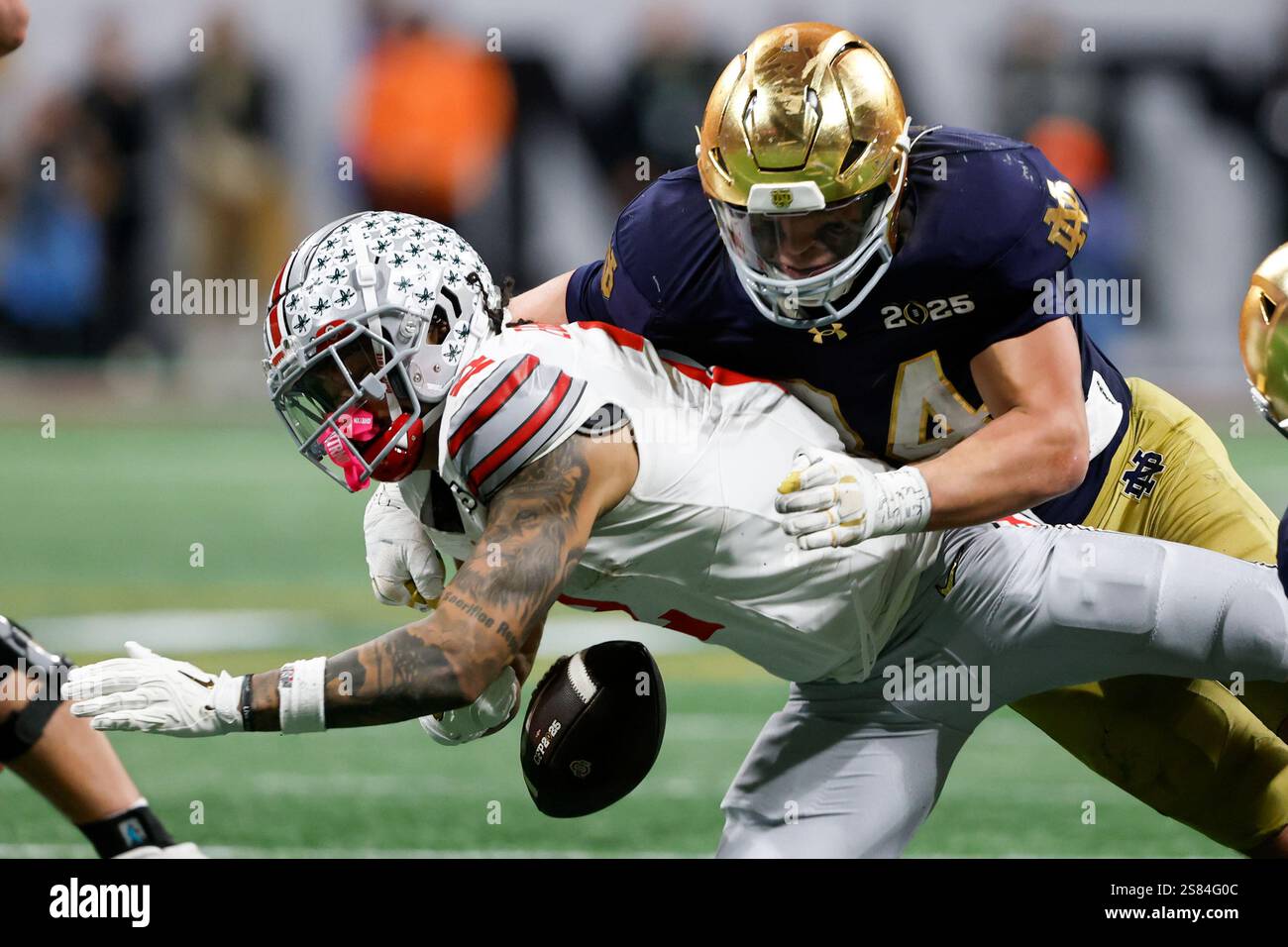 Notre Dame linebacker Drayk Bowen forces a fumble by Ohio State wide ...