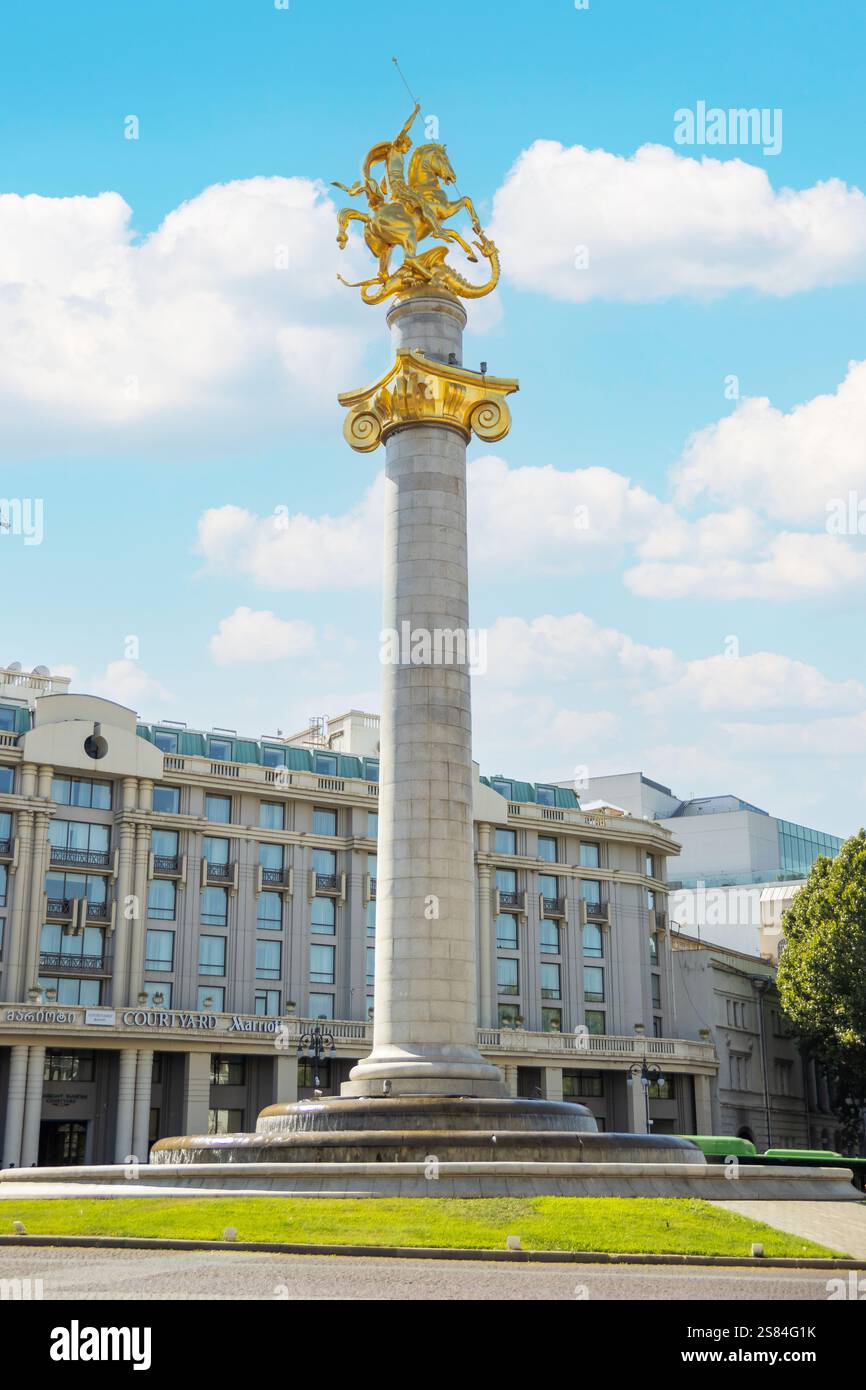 The Freedom Monument in Tbilisi, Georgia, features a golden St. George ...