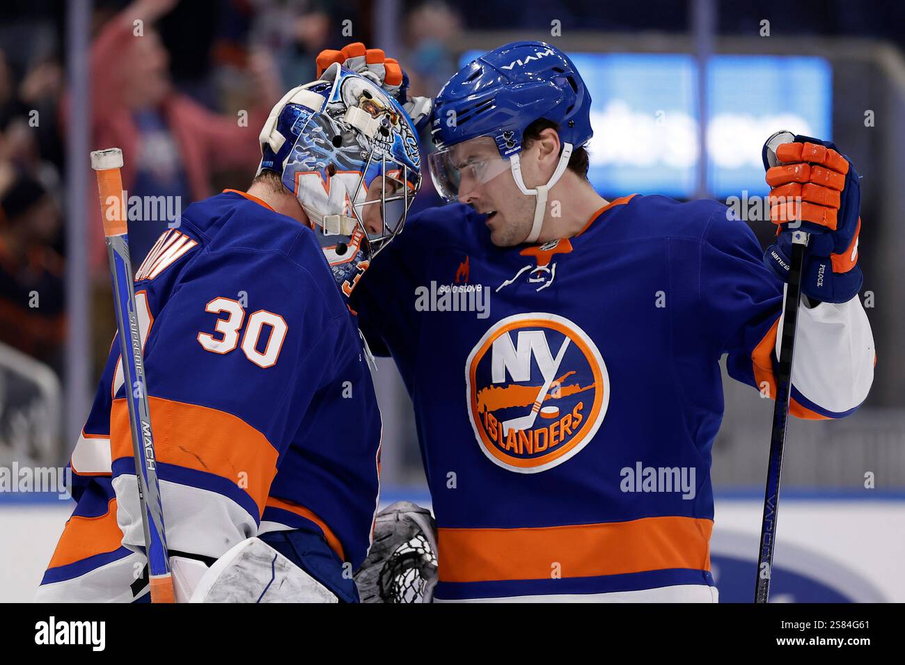 New York Islanders goaltender Ilya Sorokin (30) is congratulated by ...