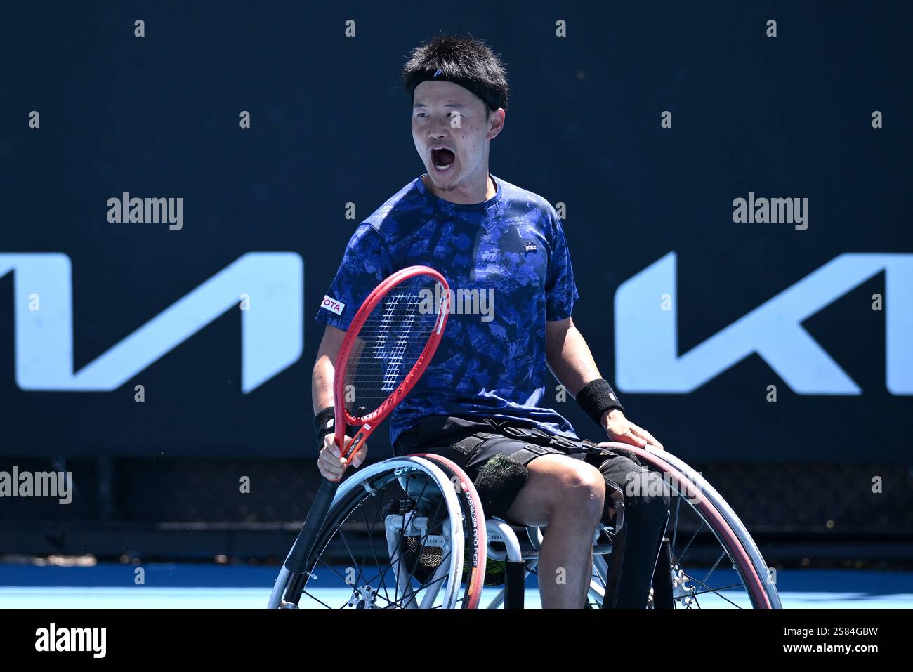 Takuya Miki of Japan reacts during his round one Wheelchair Singles match against Gustavo ...