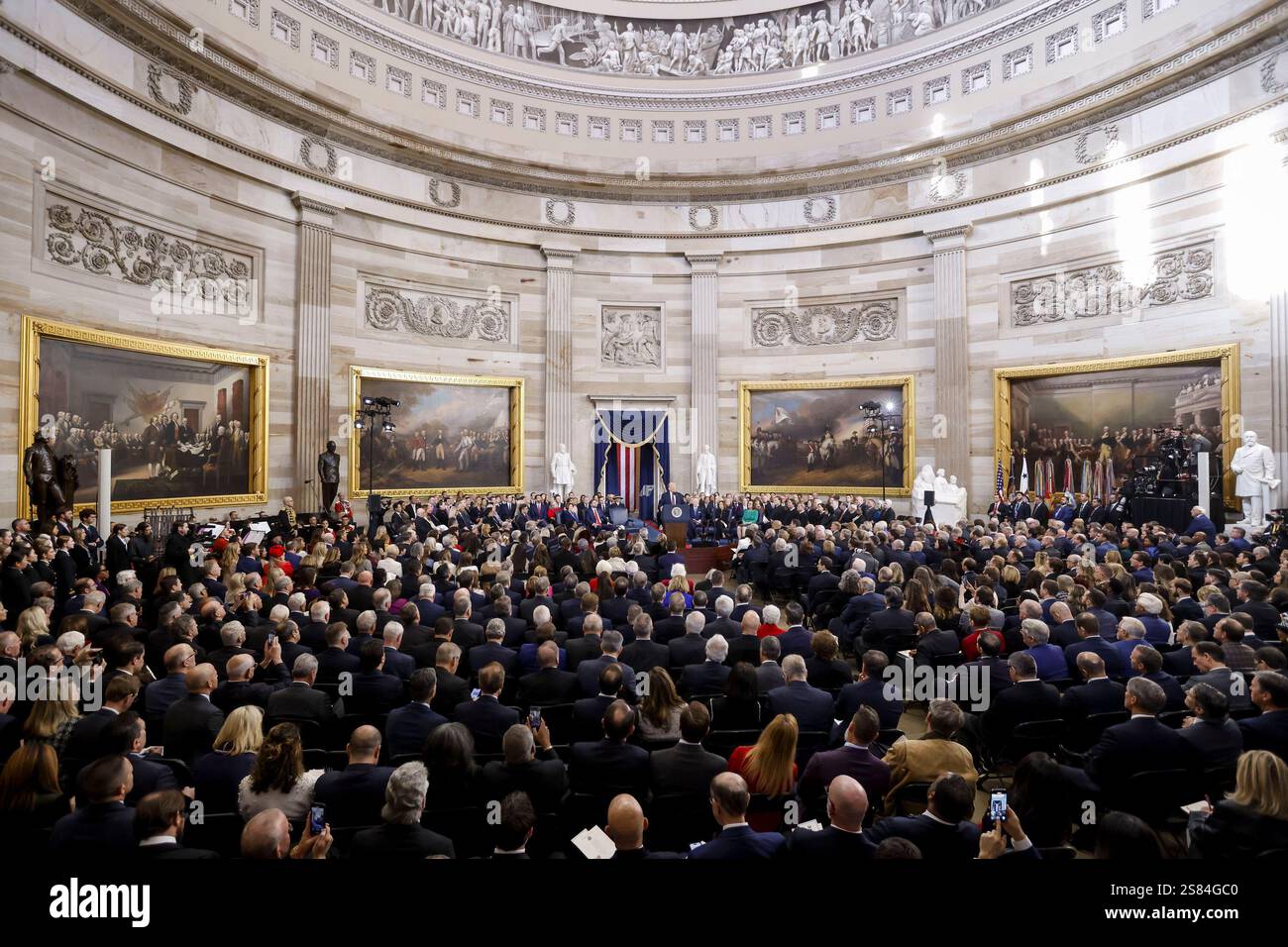 US President Donald Trump delivers remarks after being sworn in as the ...