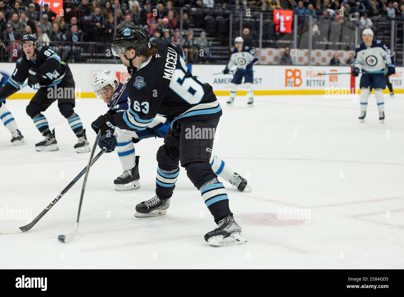 Utah Hockey Club left wing Matias Maccelli (63) shoots the puck against ...
