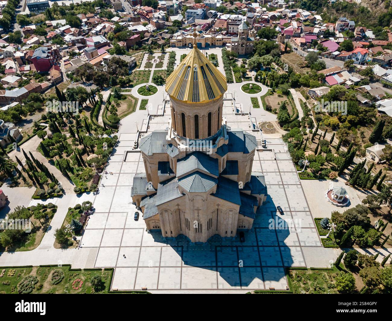 Aerial perspective of Sameba Cathedral in Tbilisi, Georgia, featuring ...