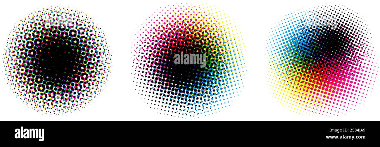 Halftone round background set. CMYK color dotted half tone shapes. Grunge ink press splash ...