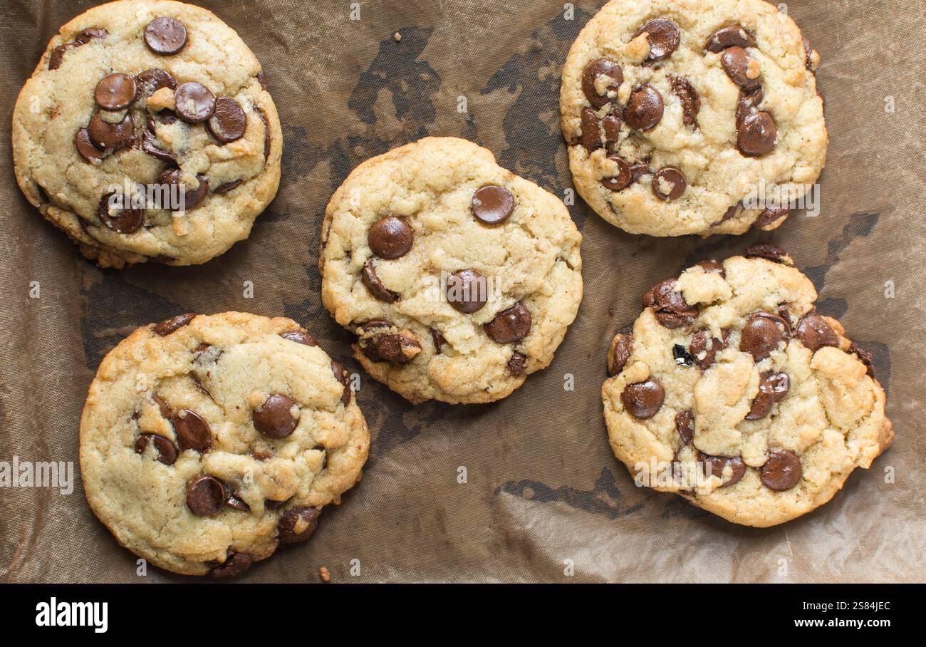 Overhead view of Large homemade chocolate chip cookies on a lined ...