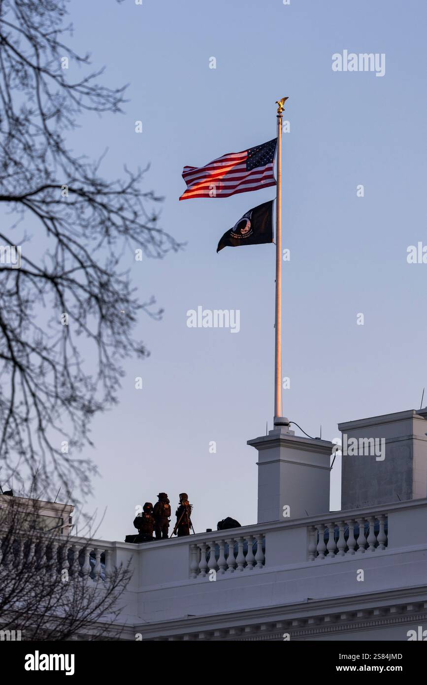 Washington DC, USA. 20th Jan, 2025. The flag over the White House flies at full-staff on the day ...