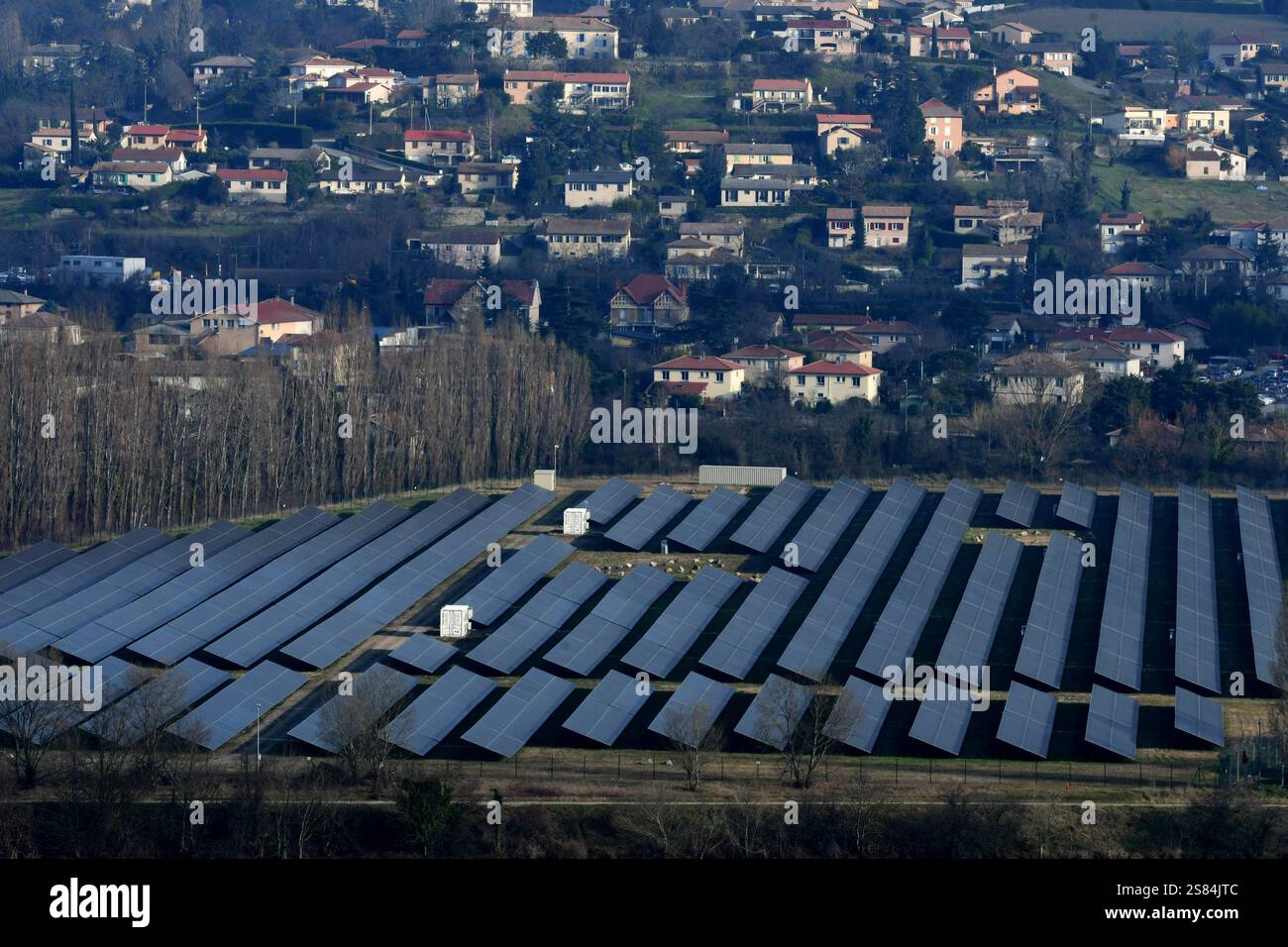 Aerial view of a photovoltaic power plant with 15,000 solar panels in ...