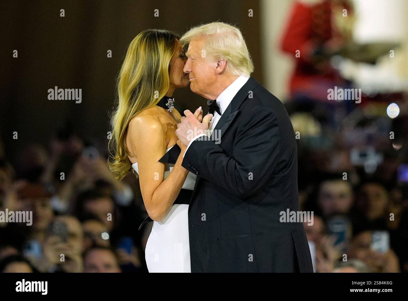 President Donald Trump, right, and first lady Melania Trump dance at the Commander in Chief Ball ...