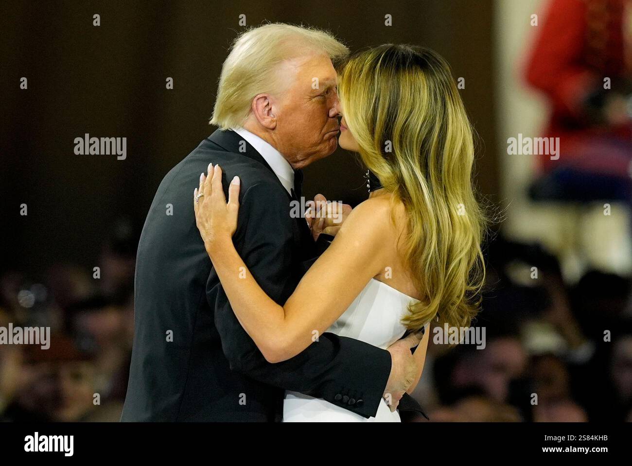 President Donald Trump, left, and first lady Melania Trump dance at the Commander in Chief Ball ...