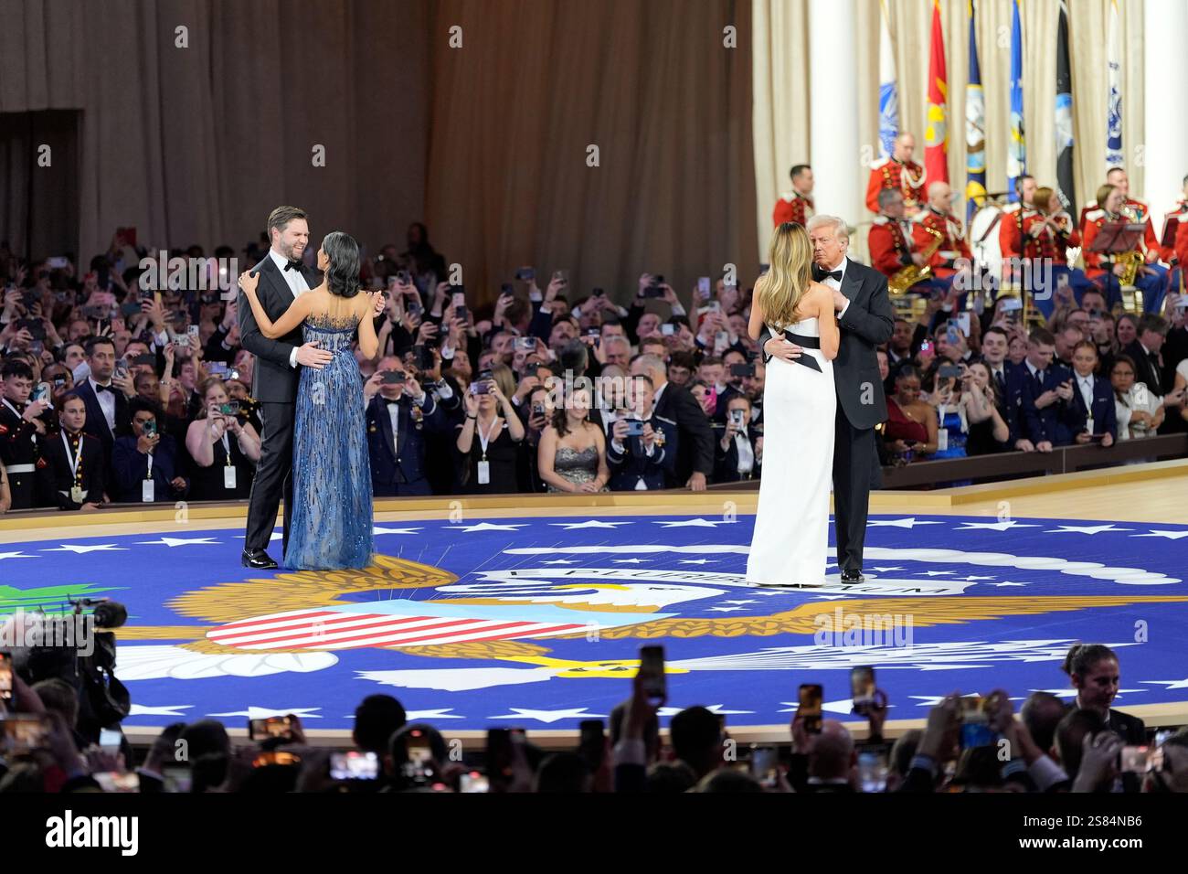 Vice President JD Vance, from left, with Usha Vance and President Donald Trump, from right, with ...