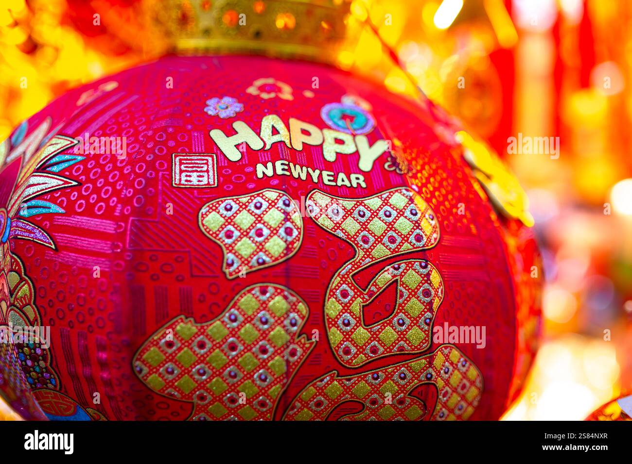 A red "Happy New Year" lampoon for a Chinese New Year on display Stock ...