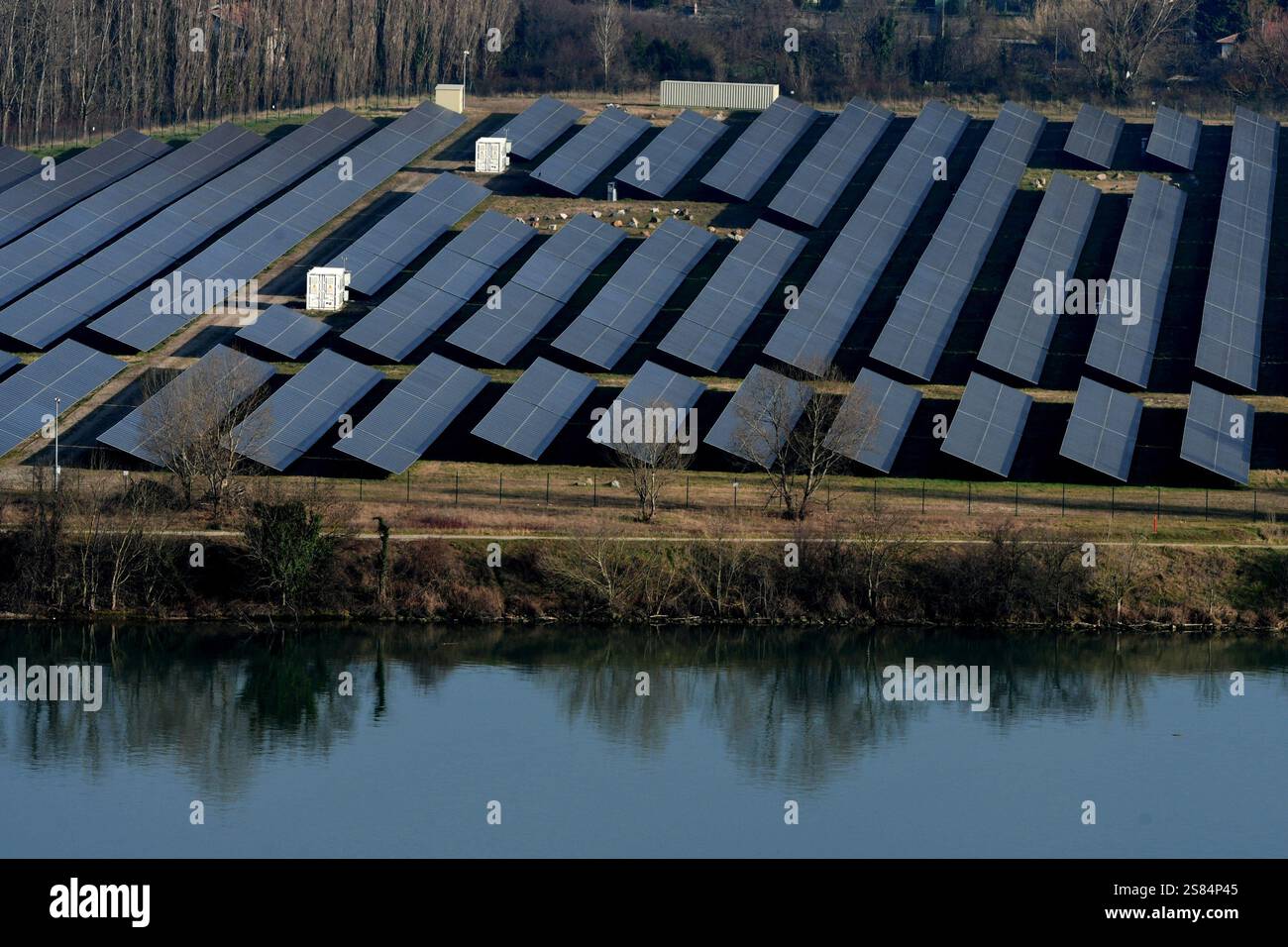 Aerial view of a photovoltaic power plant with 15,000 solar panels in ...