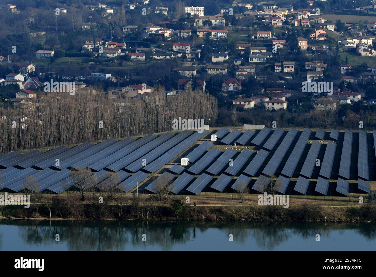 Aerial view of a photovoltaic power plant with 15,000 solar panels in ...