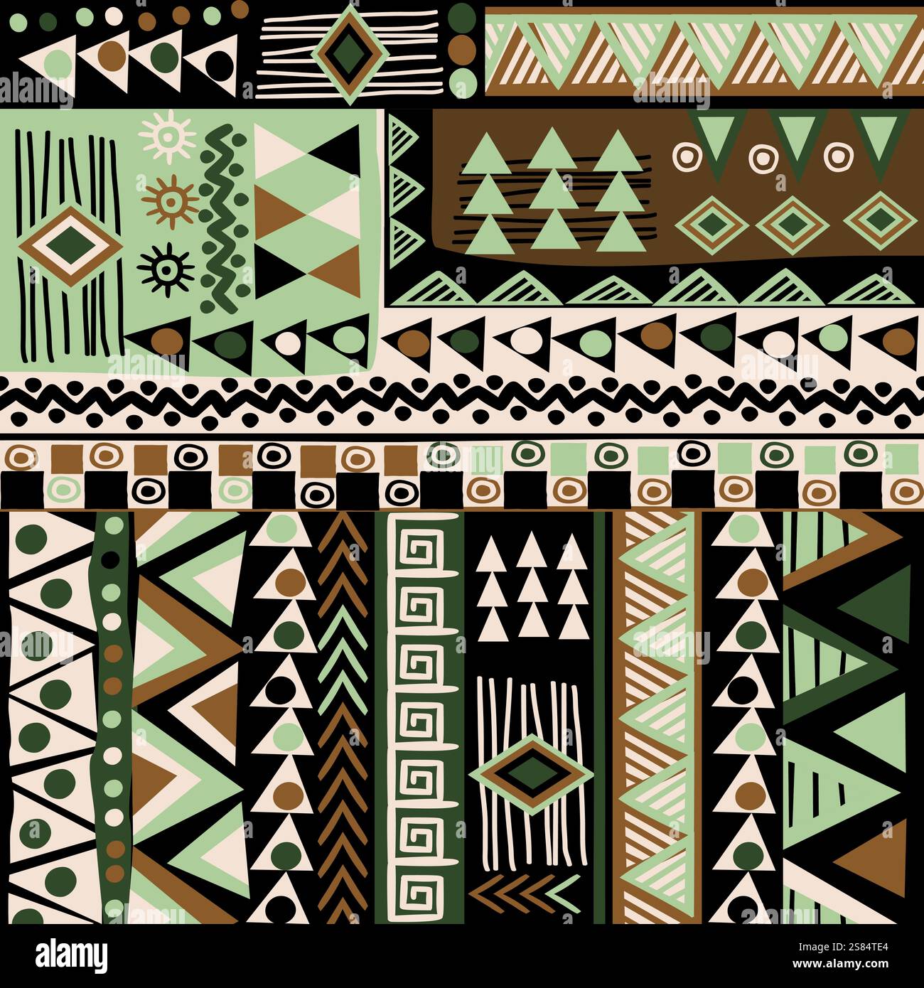 Doodle style pattern with ethnic motifs in green and brown colors Stock ...