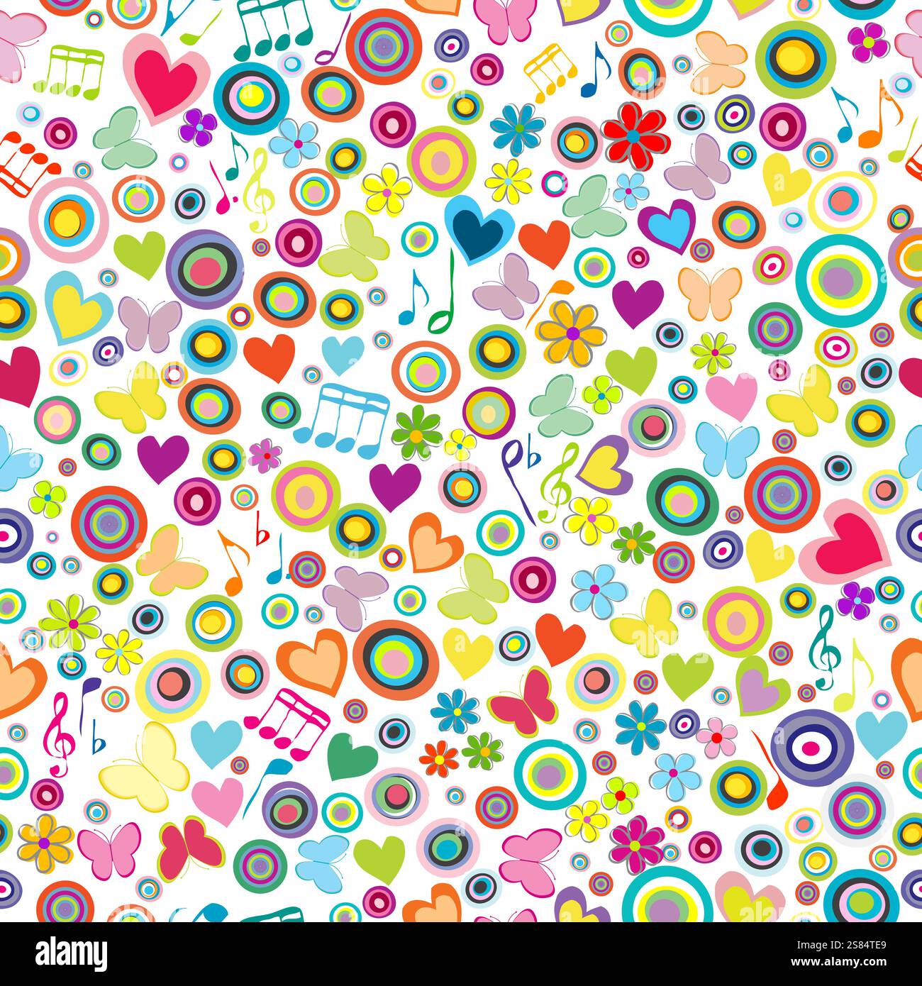 Happy seamless background with flowers, hearts, musical notes and round ...