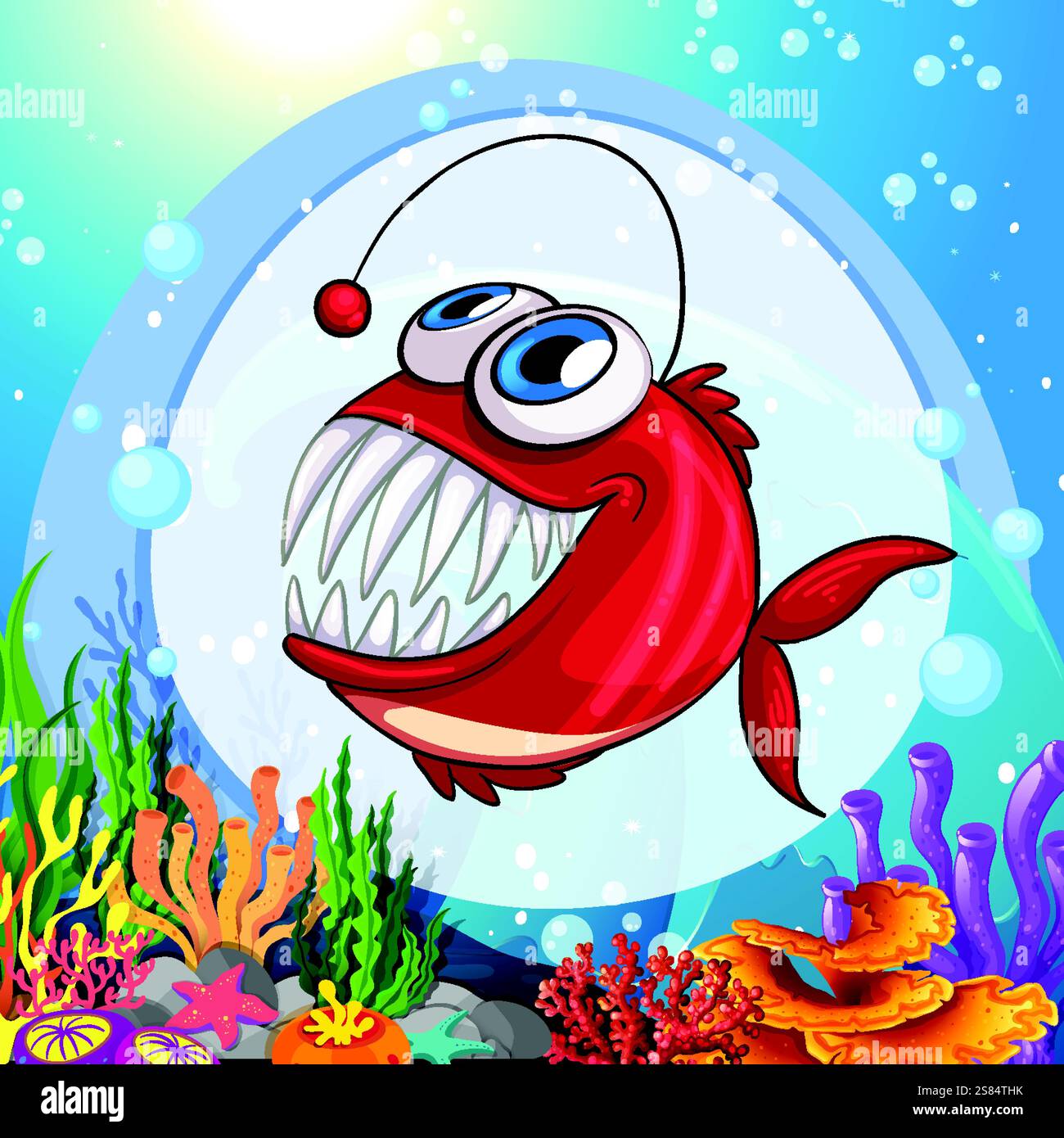 Smiling anglerfish amidst vibrant coral reef Stock Vector Image & Art ...