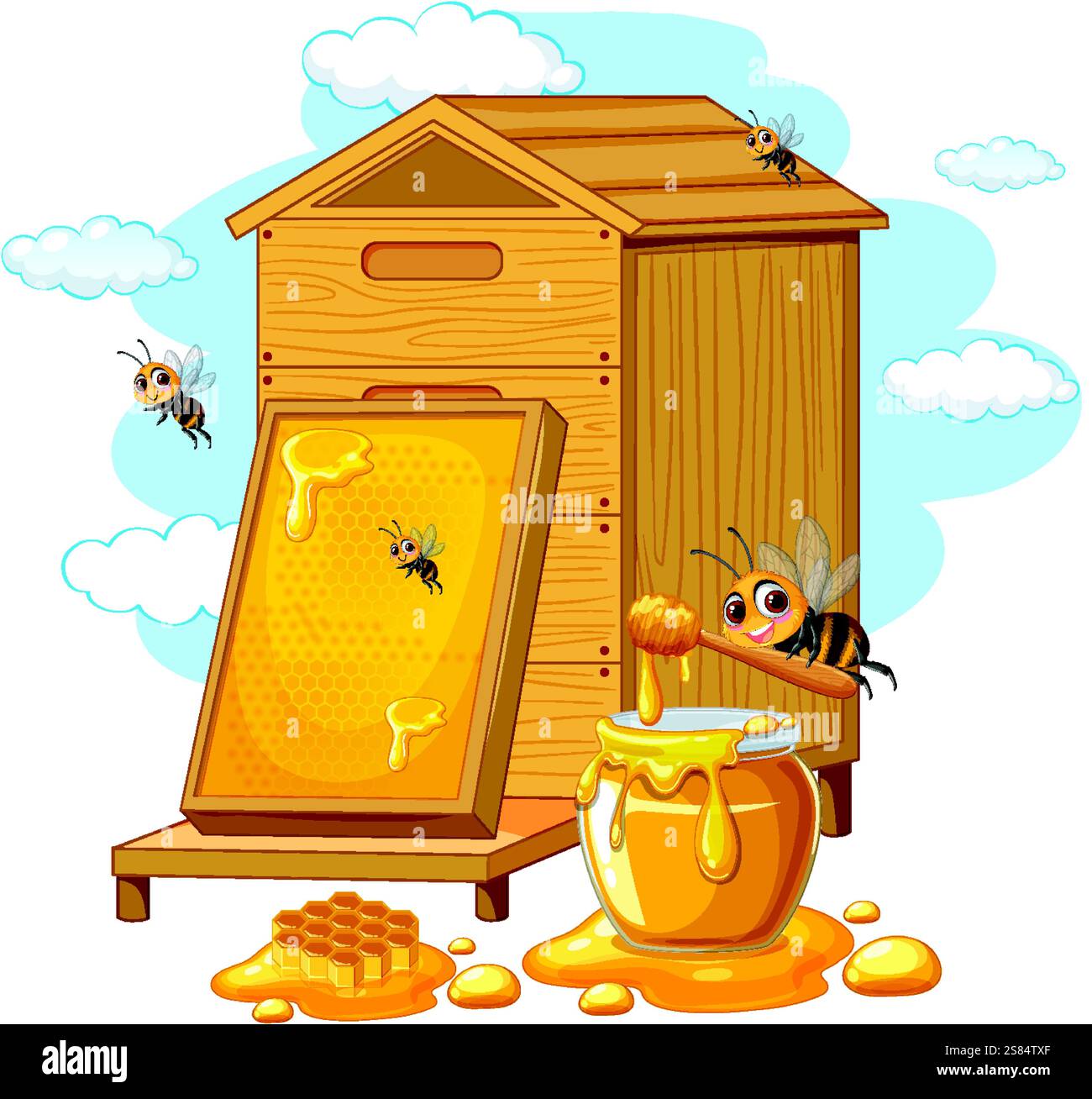 Bees buzzing around a hive with honey jars Stock Vector Image & Art - Alamy