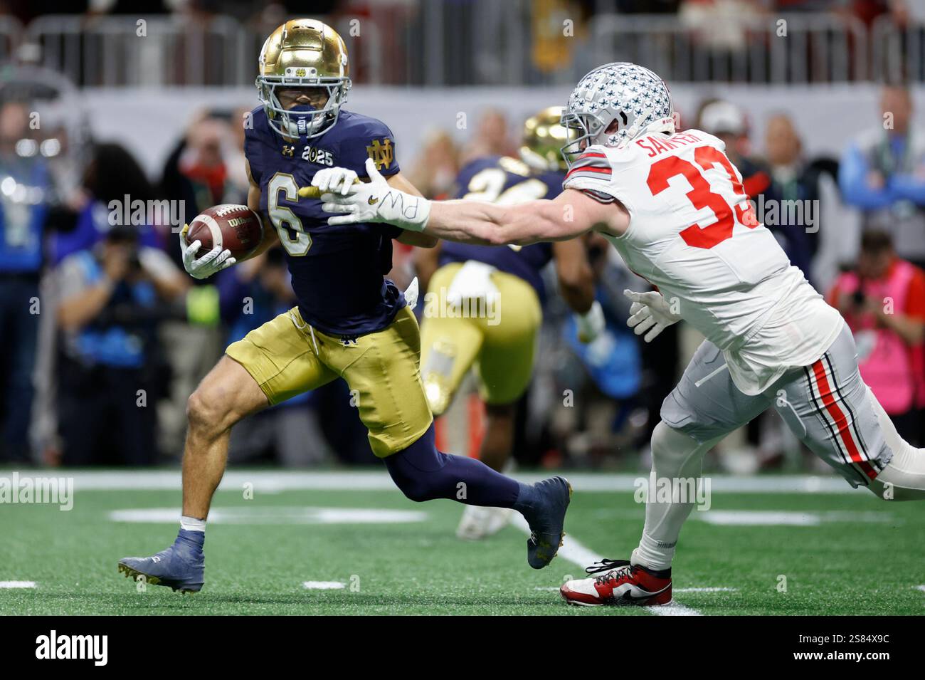 ATLANTA, GA - JANUARY 20: Wide Receiver Jordan Faison #6 of the Notre Dame Fighting Irish runs ...