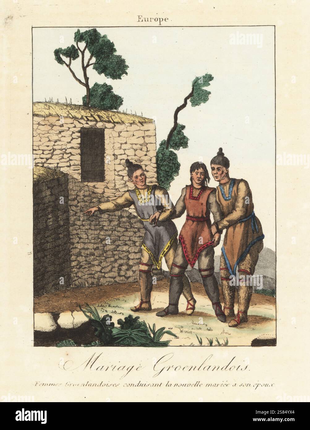 Greenland Inuit wedding ceremony. Two old women drag the reluctant ...