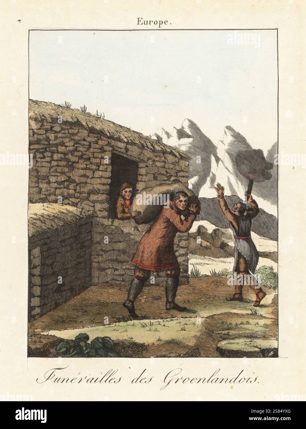 Funeral rites among the Greenland Inuit. The corpse is wrapped in a ...