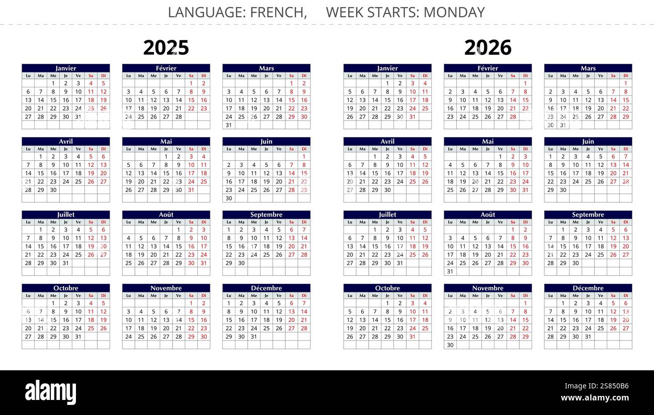 2025, 2026 year french calendars. Vector illustrations for France ...