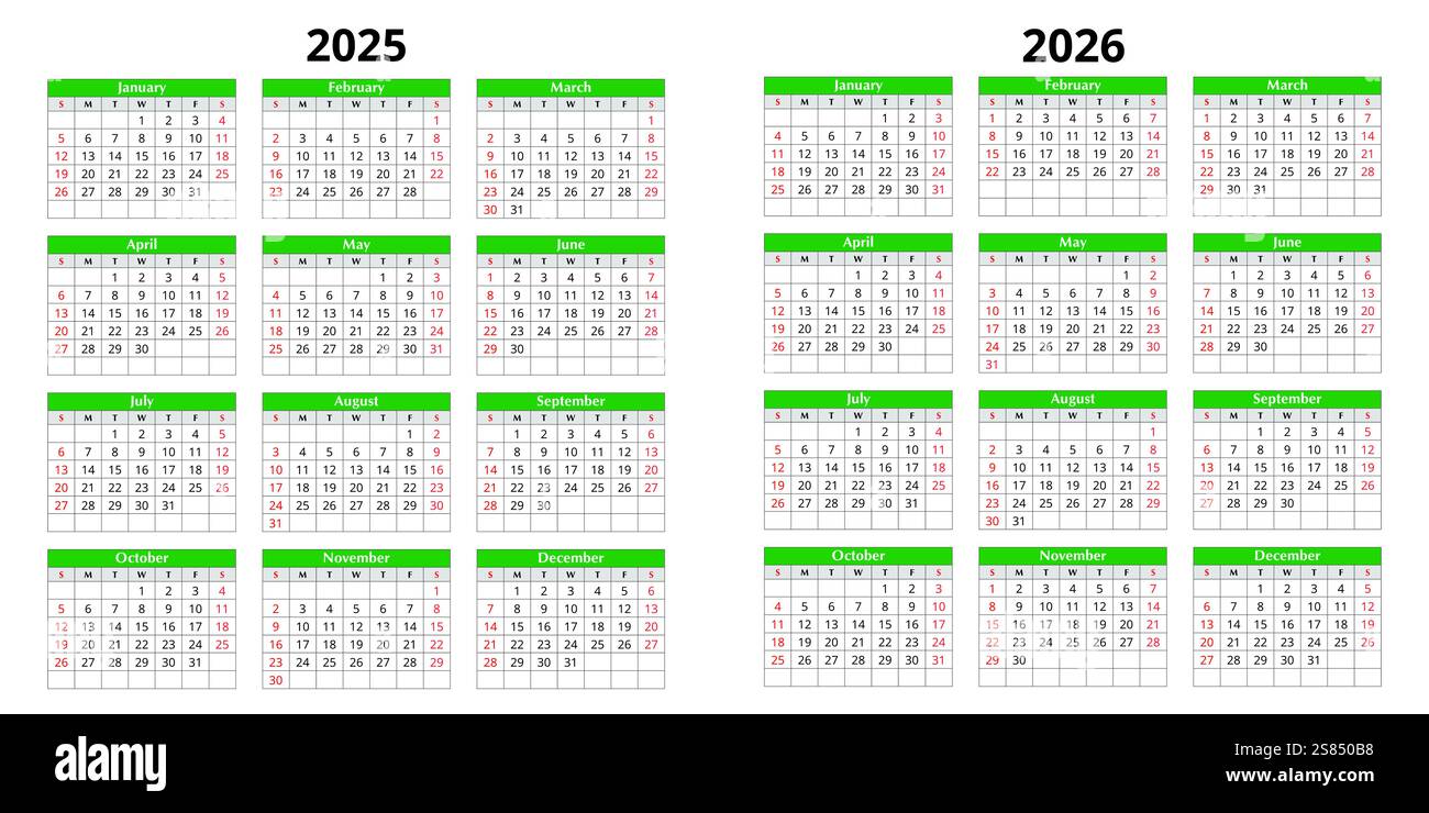 2025, 2026 year english vector annual calendars with 12 months Stock ...