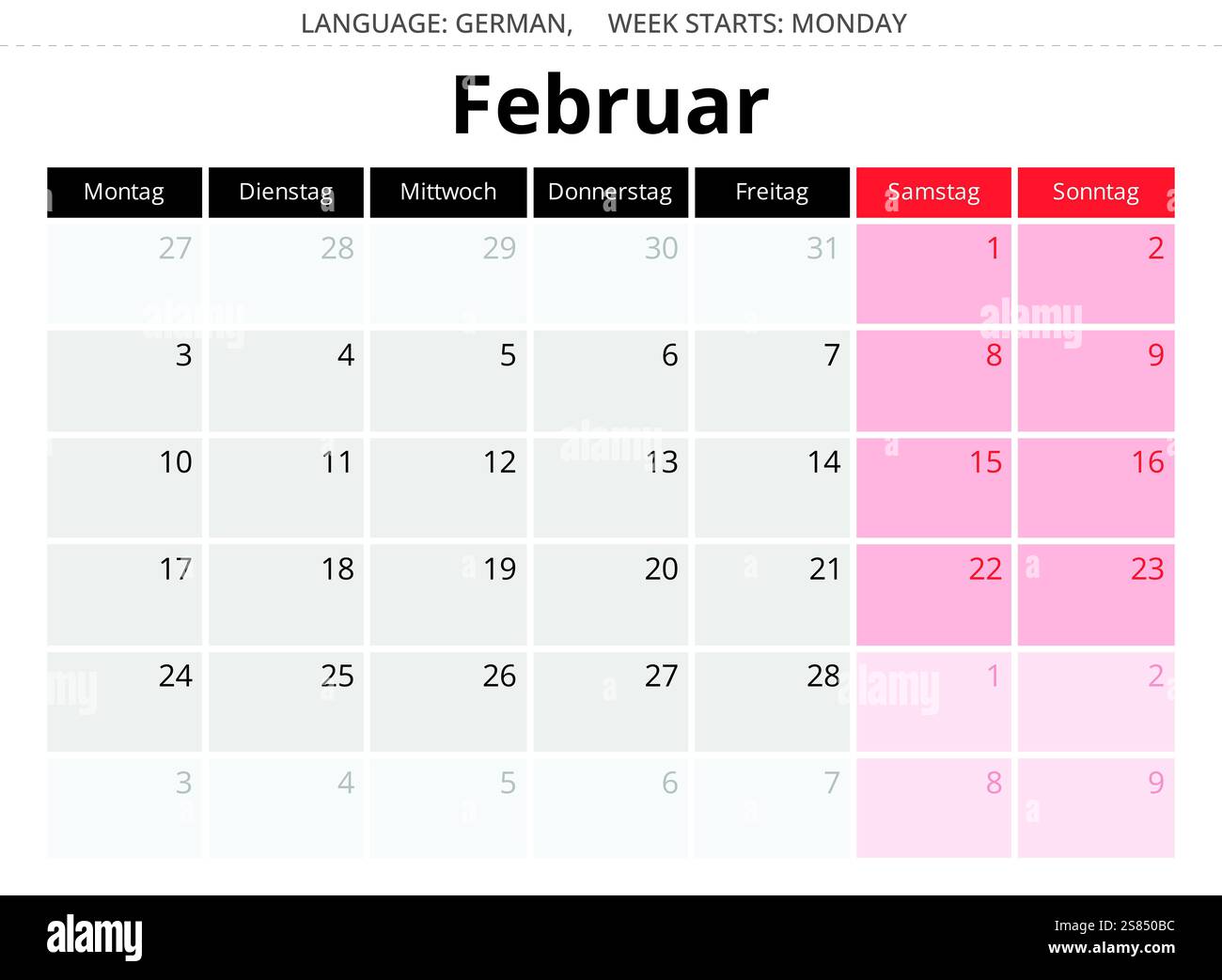 German calendar for february 2025. Vector illustration of a winter month for Germany - Kalender ...