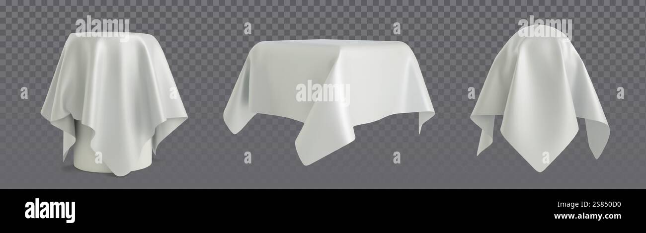 Cover cloth set with three realistic white draped fabric reveal effects ...
