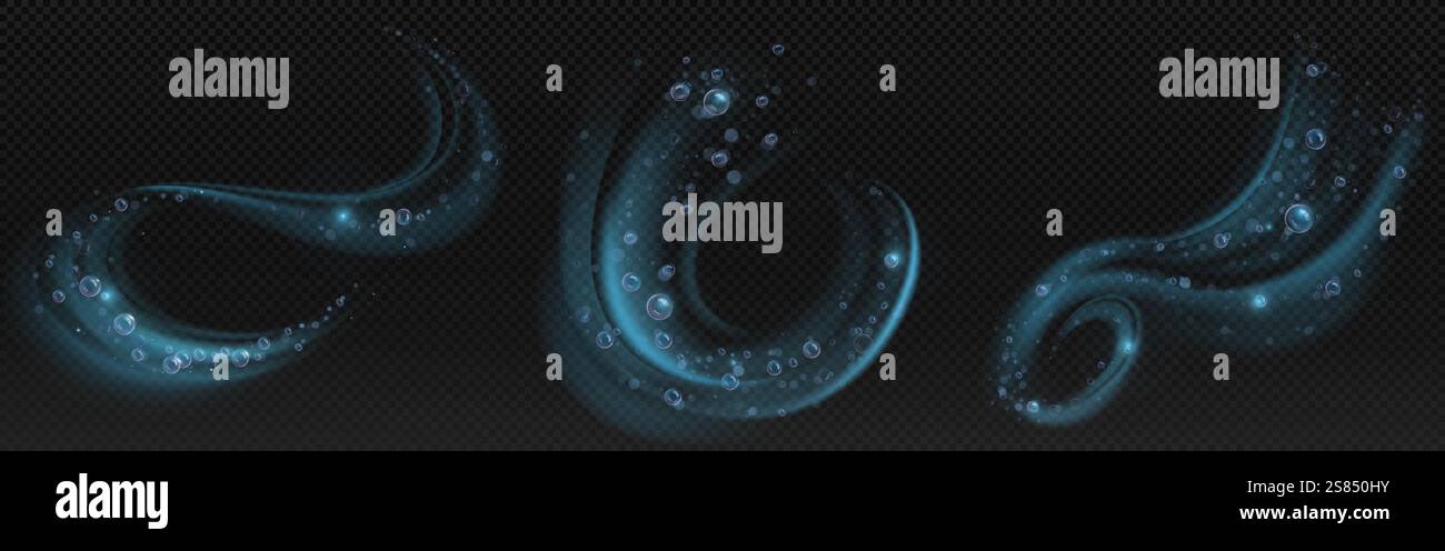 Luminous bubble swirl effects in blue color with transparent spheres ...