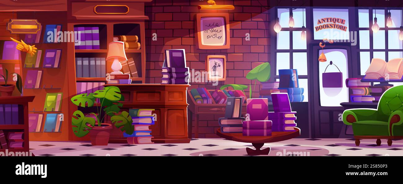 Antique bookstore interior with cozy atmosphere - wooden bookshelves ...