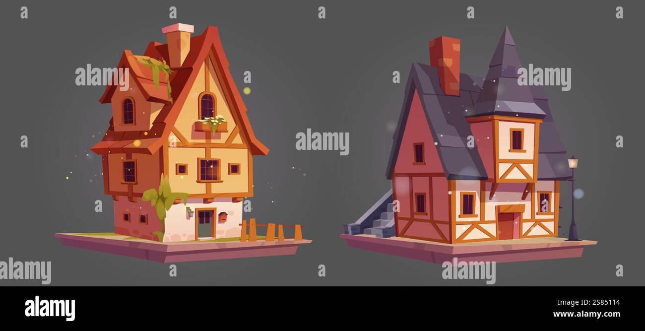 Game asset platform set of suburban cottage houses - timber framed ...