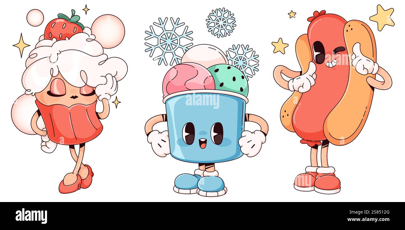 Fastfood cartoon character set - whipped cream cupcake topped with ...