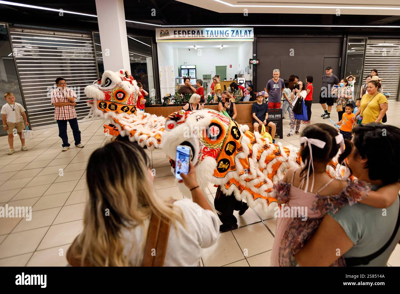 Shoppers and visitors gather to watch the lively Lion Dance, a beloved ...