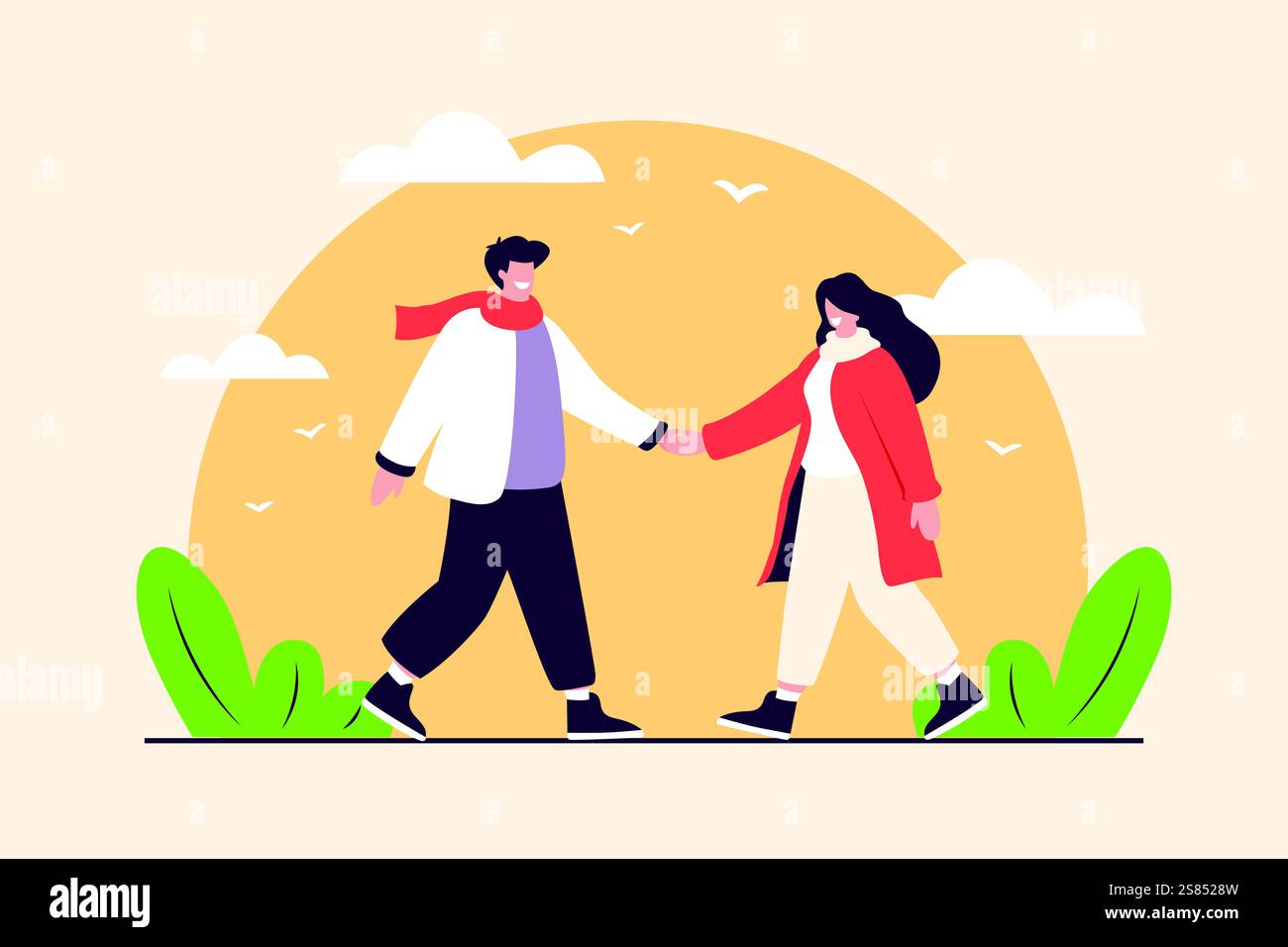 Romantic Couple Holding Hands at Sunset. Valentines Day Holiday. Vector ...